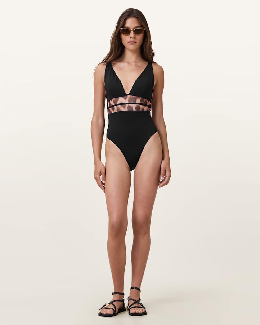 Xalia Mesh Leopard Print Swimsuit Black | ALLSAINTS